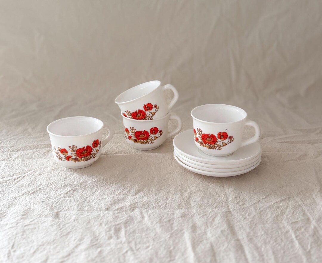 Vintage Red Poppy Teacup Set, 1980s White Milk Glass Tea Cups and ...