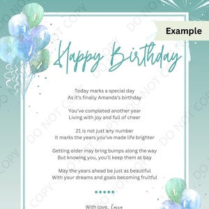 Personalized Poem Happy Birthday, Custom Poem Printable, Birthday ...