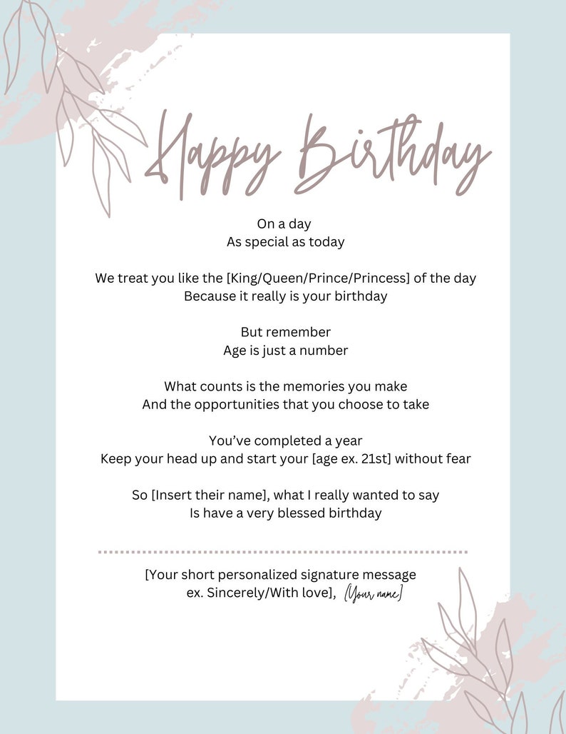Personalized Poem Happy Birthday Custom Poem Printable - Etsy