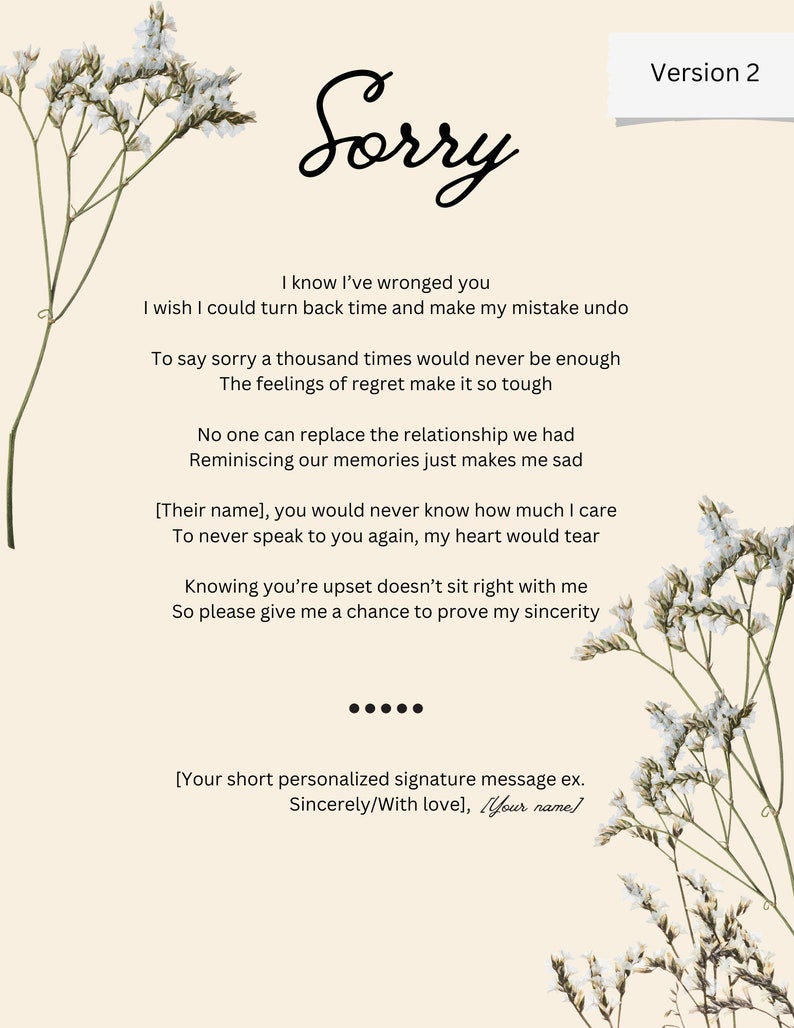 Personalized Poem Apology, Custom Poem Printable, Apology Gift, Sorry ...