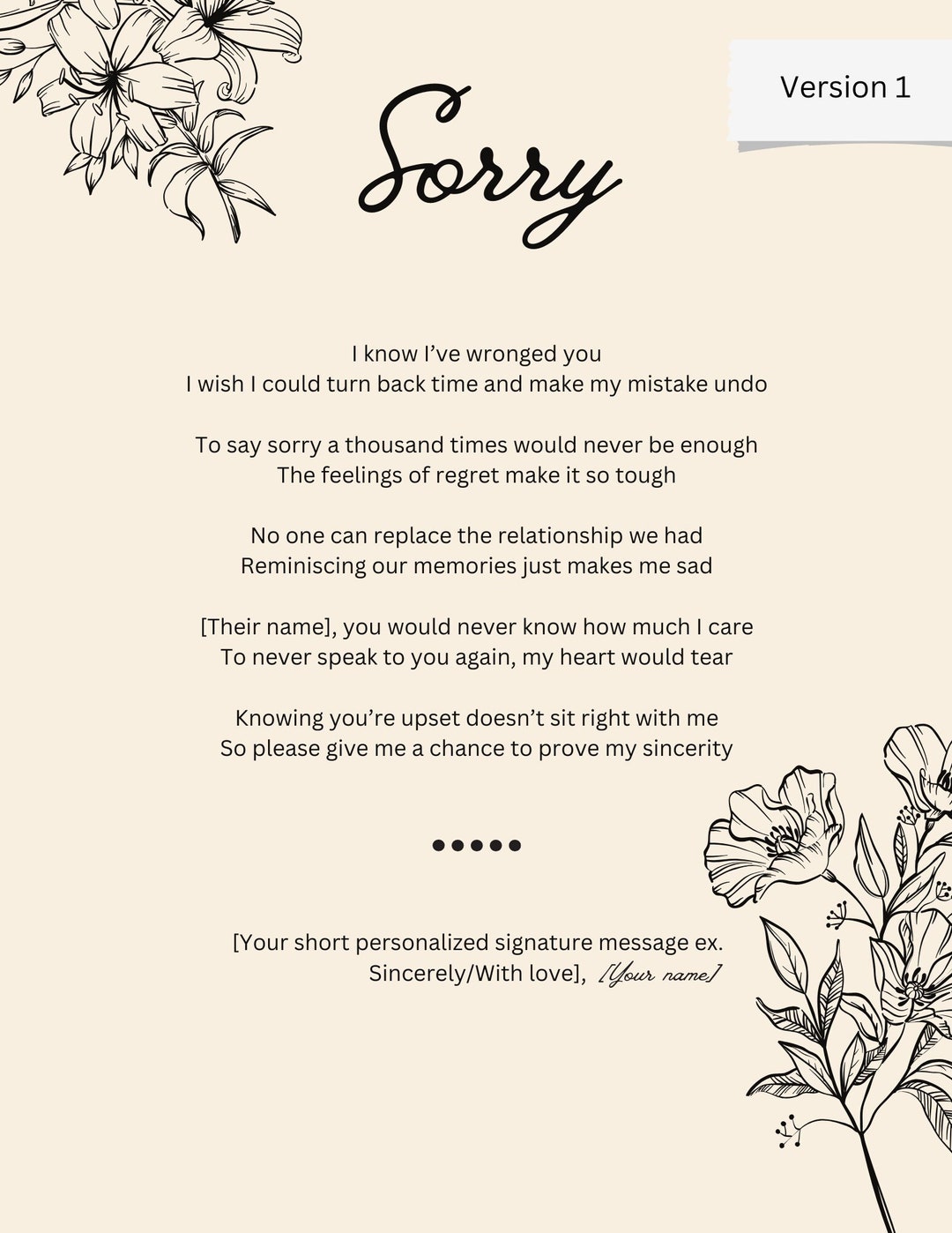 Personalized Poem Apology, Custom Poem Printable, Apology Gift, Sorry ...