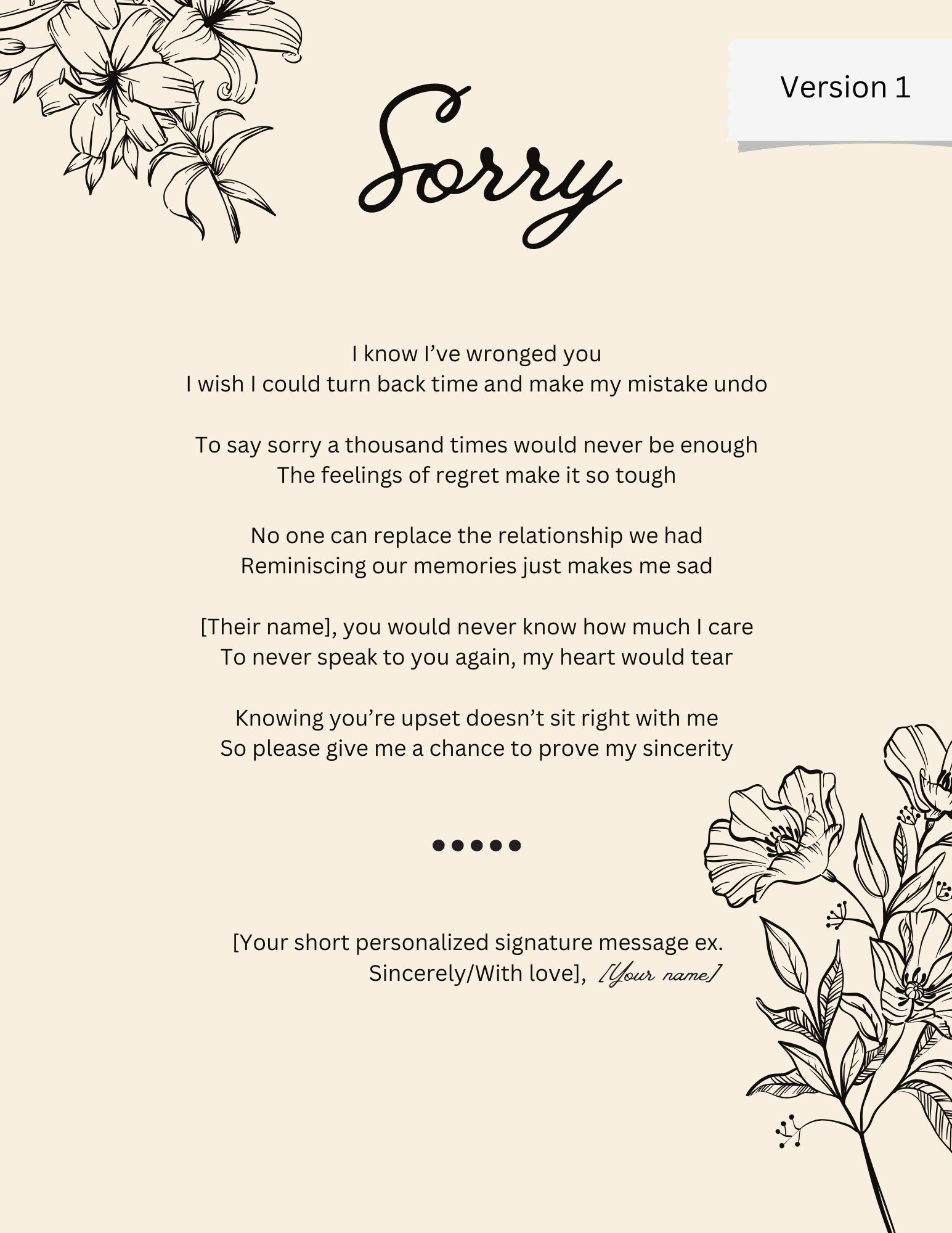 Personalized Poem Apology, Custom Poem Printable, Apology Gift, Sorry ...