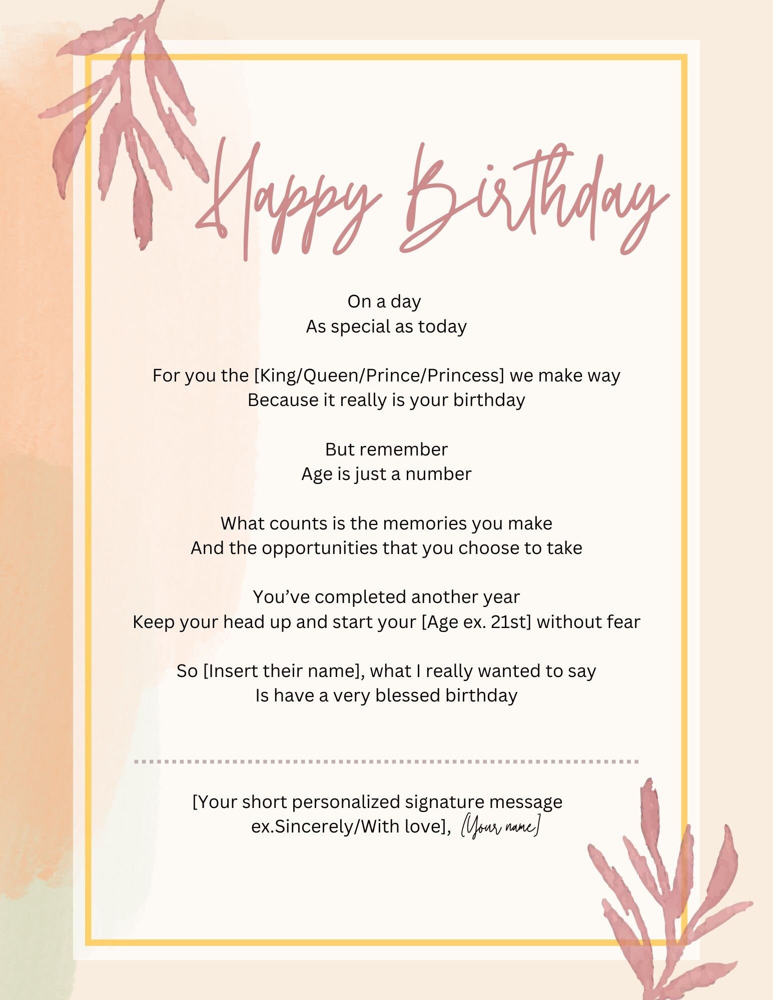 Personalized Poem Happy Birthday Custom Poem Printable Poetry Gift