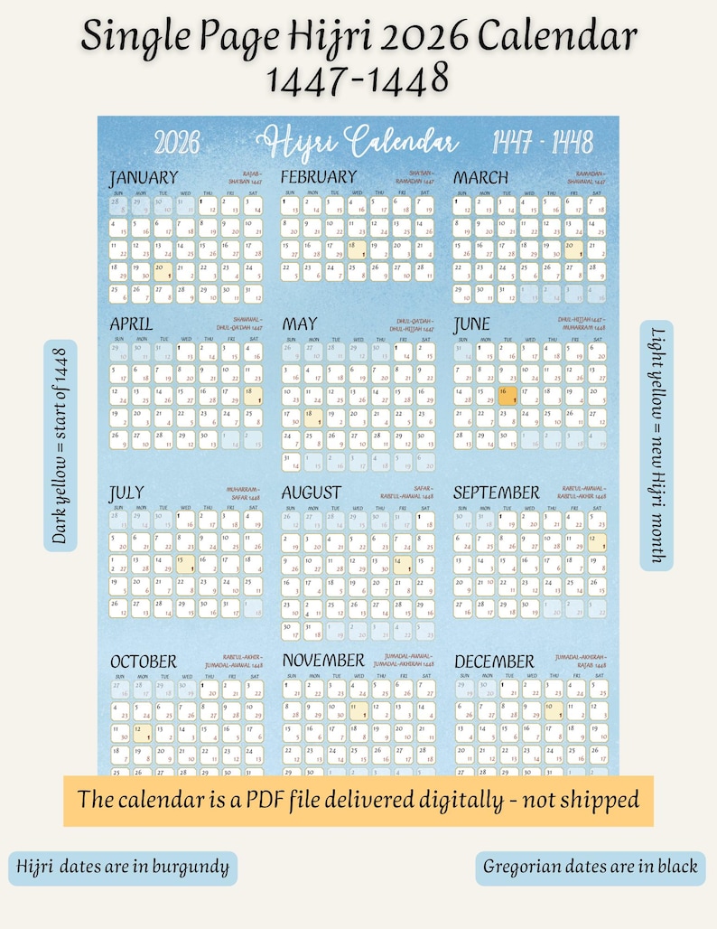 One Page Vertical Hijri Calendar 2026, Hijri Calendar 1447, Hijri ...