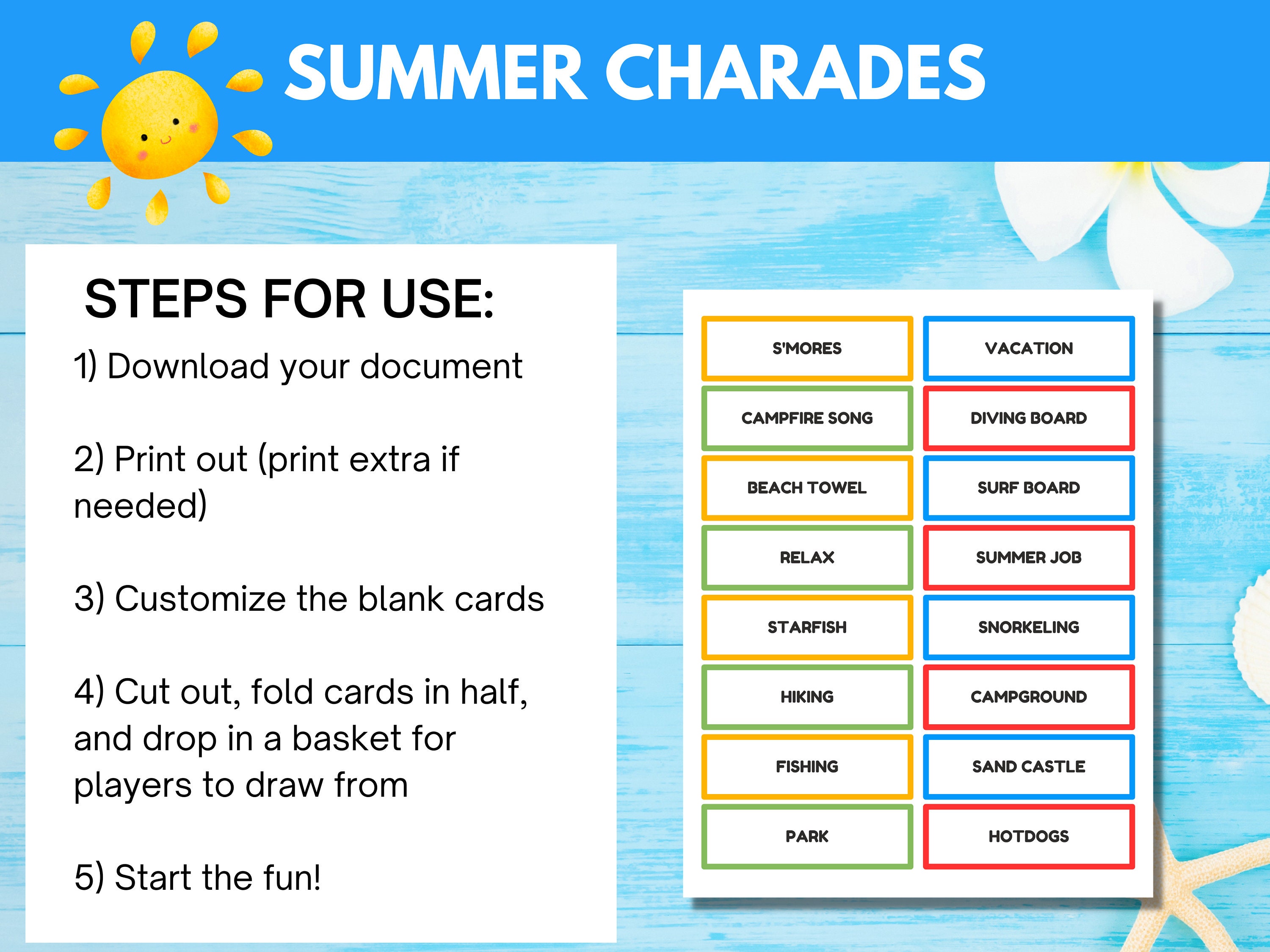 Summer Charades act It or Draw It Printable Party Game Activity for ...