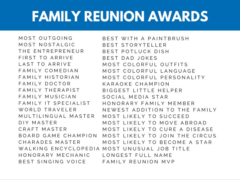 Family Reunion Awards - 80 Customized Printable Reunion Award ...