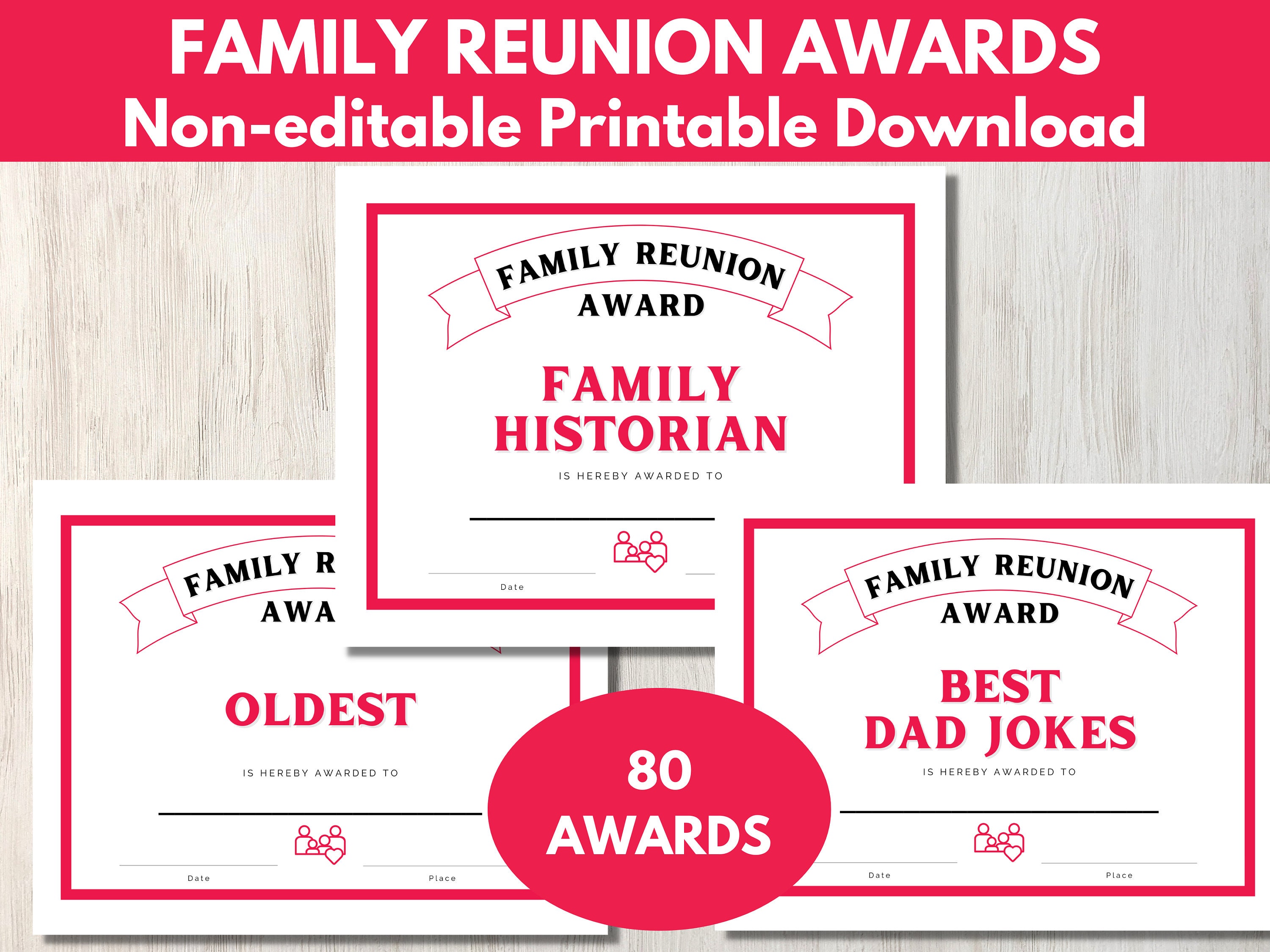Family Reunion Awards - 80 Printable Reunion Award Certificates in Red ...