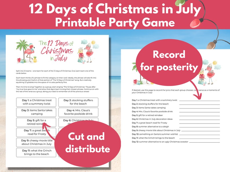 12 Days of Christmas in July Party Game Printable - Summer Party ...