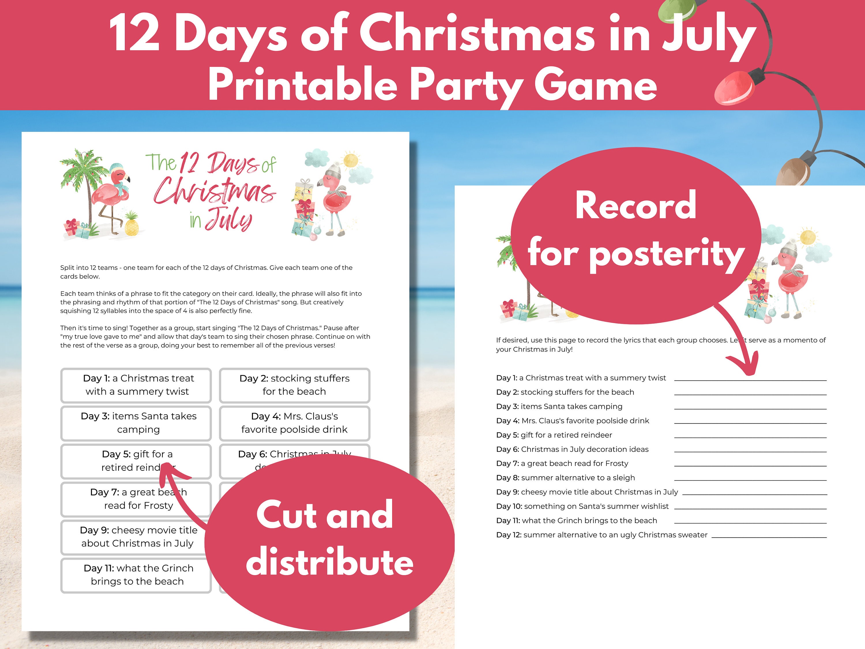 12 Days of Christmas in July Party Game Printable - Summer Party ...