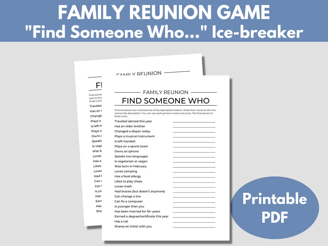 Family Reunion Ice-breaker "find Someone Who" Printable - Family ...