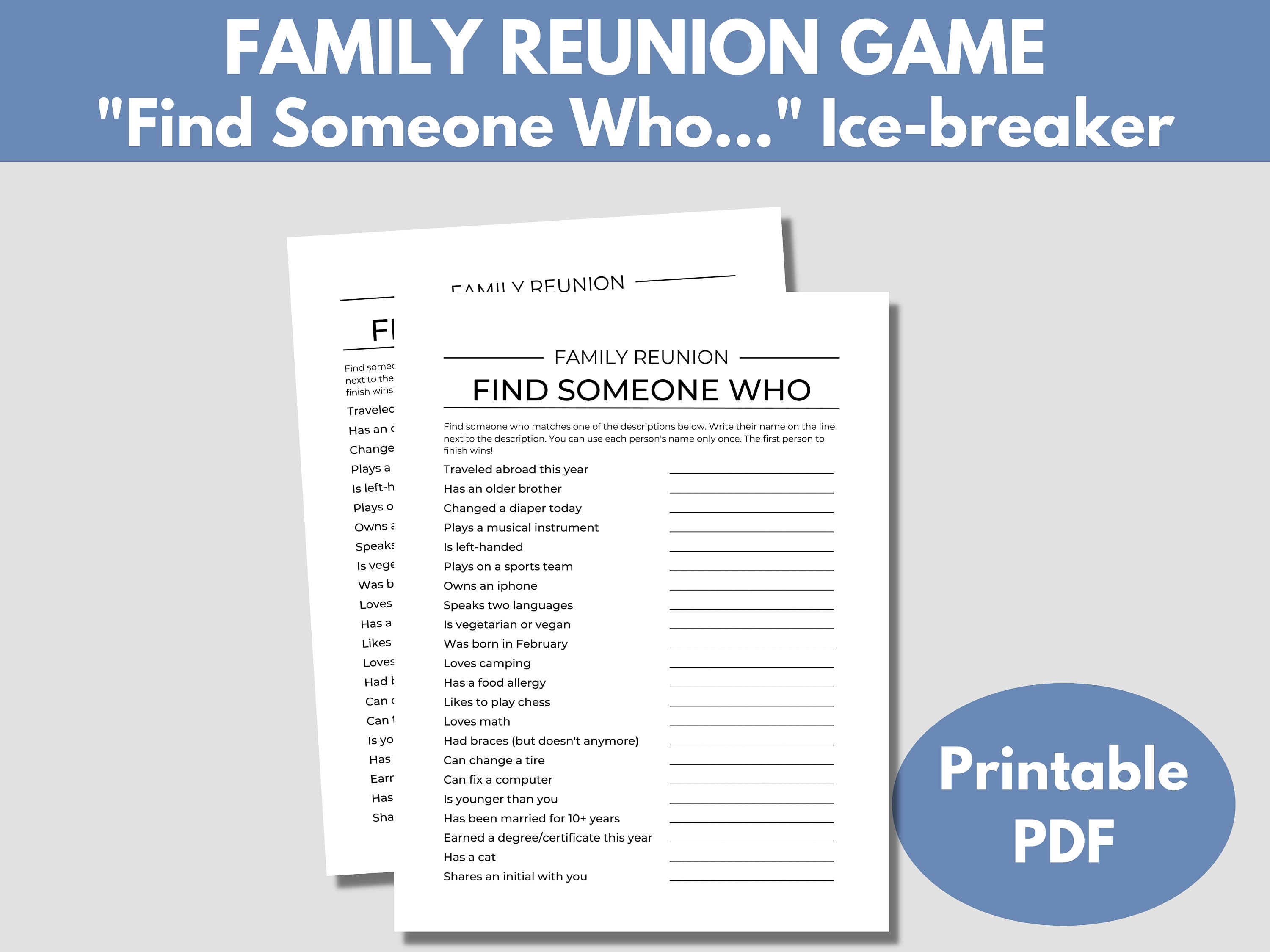Family Reunion Ice-breaker "find Someone Who" Printable - Family ...