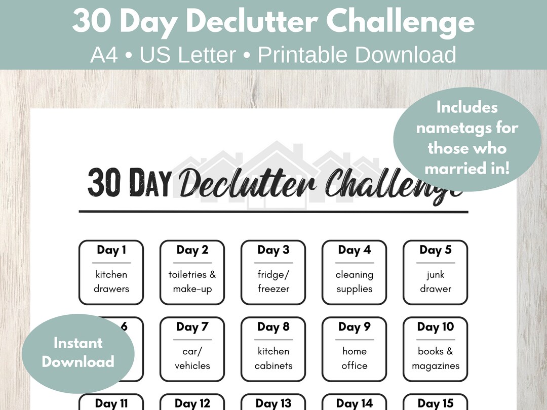 30 Day Declutter Challenge Printable - Decluttering Checklist and ...