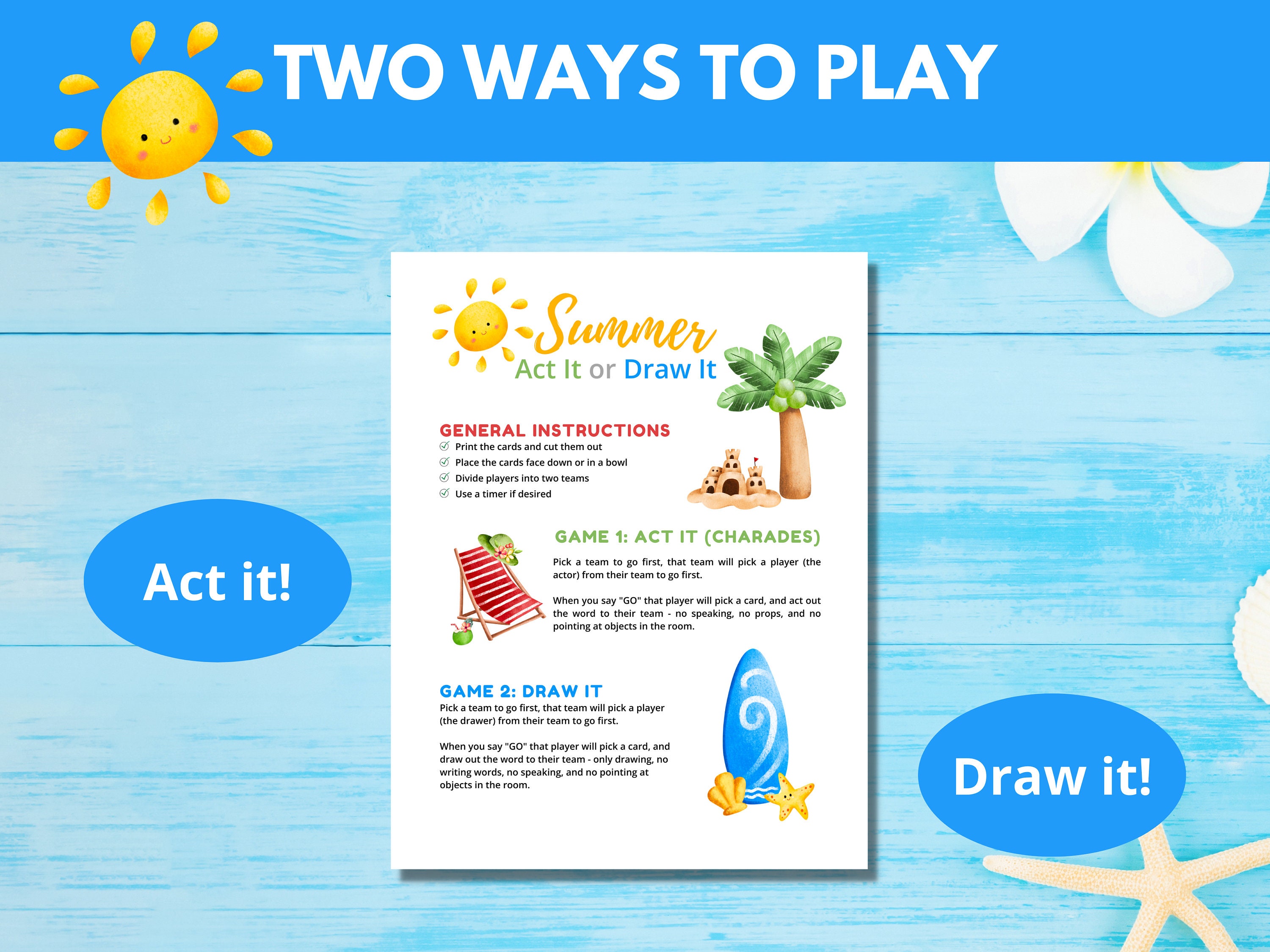Summer Charades act It or Draw It Printable Party Game Activity for ...