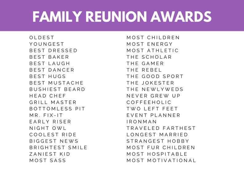Family Reunion Awards - 80 Printable Reunion Award Certificates in ...