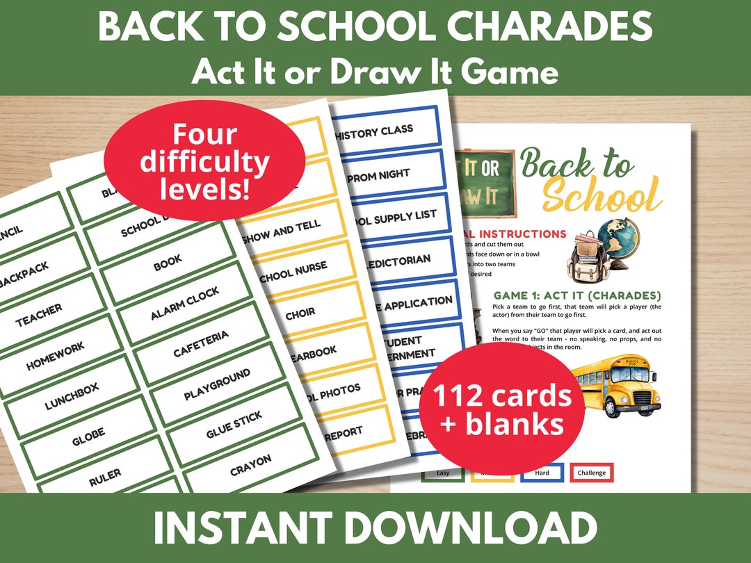 Back to School Charades (act It or Draw It) Printable Game for First ...