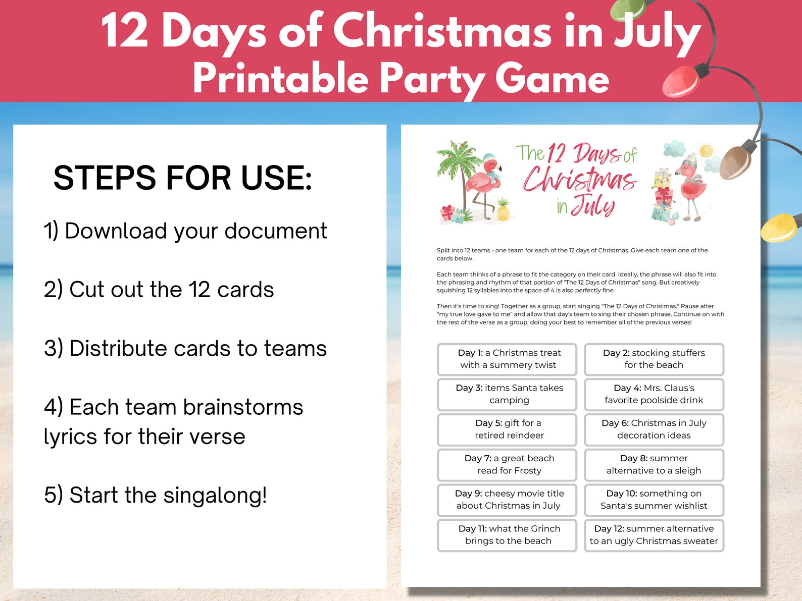 12 Days of Christmas in July Party Game Printable - Summer Party ...