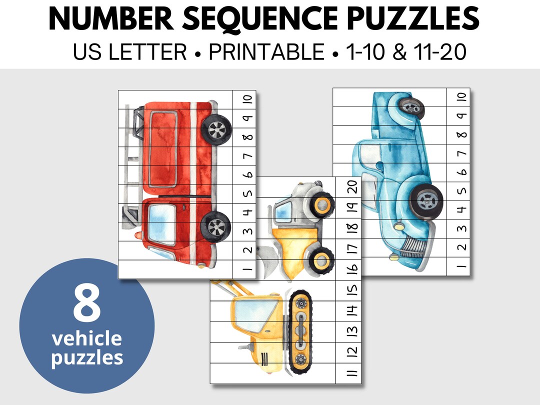 Vehicles Number Sequence Puzzles - Printable Number Counting Puzzle for ...