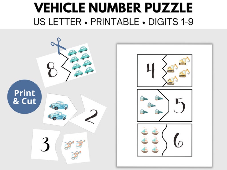 Vehicle Number Matching Printable Puzzle | Transportation Counting ...