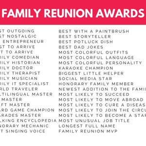 Family Reunion Awards - 80 Printable Reunion Award Certificates in Red ...