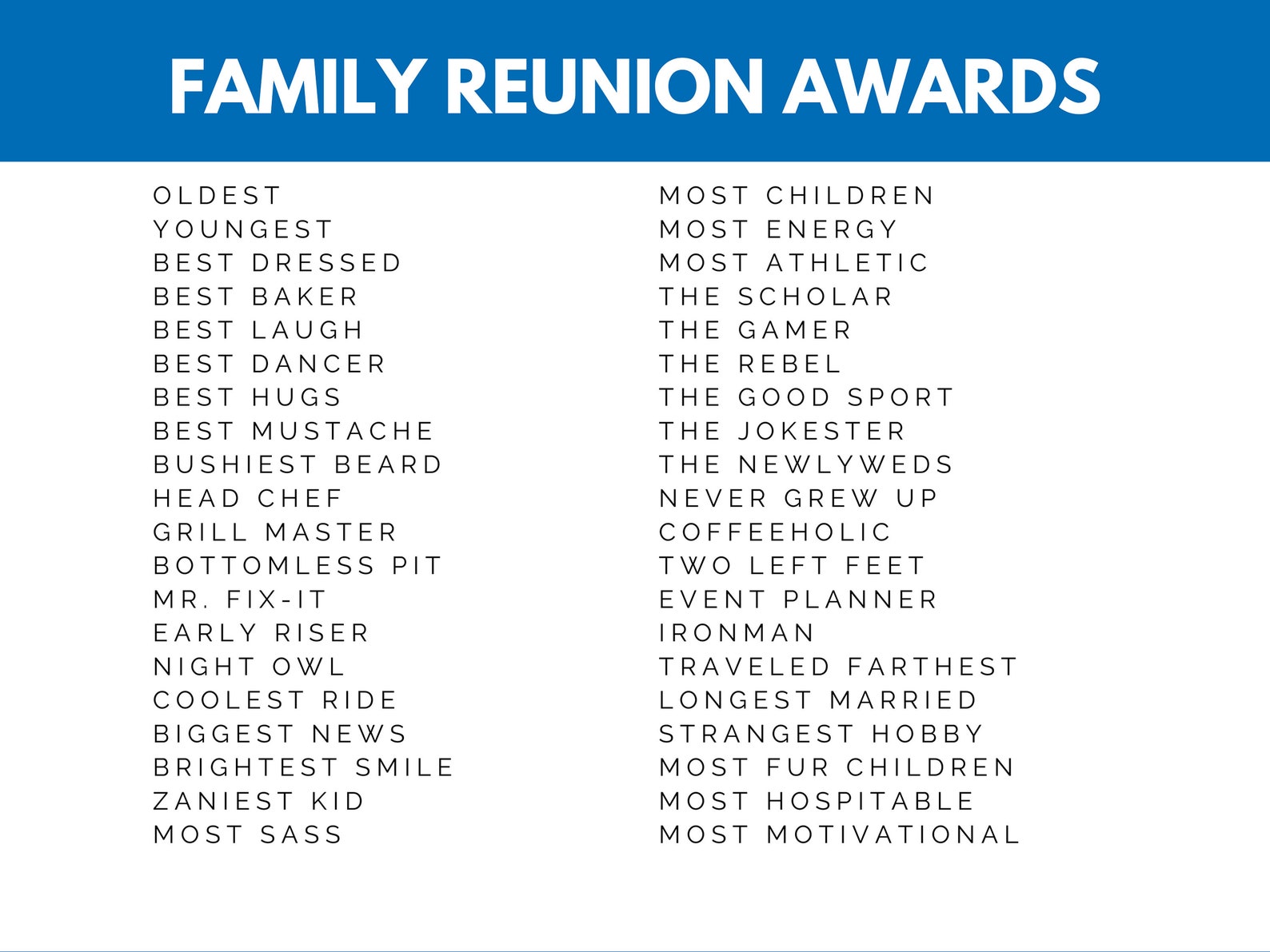 Family Reunion Awards - 80 Customized Printable Reunion Award ...