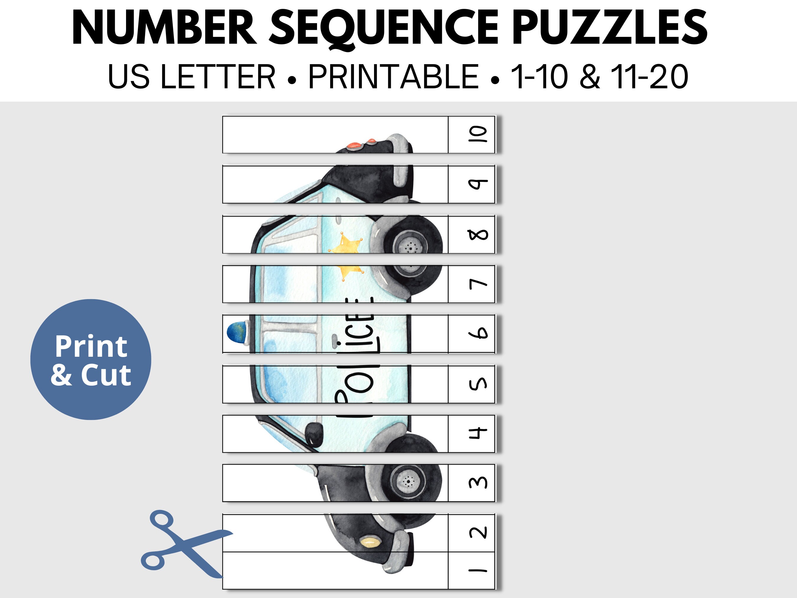 Vehicles Number Sequence Puzzles - Printable Number Counting Puzzle for ...