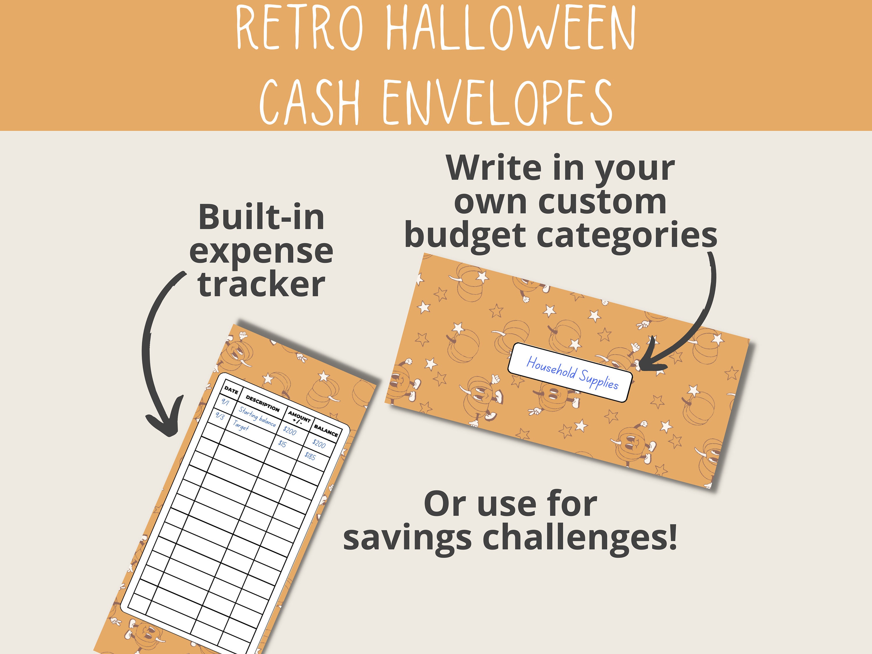 Retro Halloween Cash Envelopes Printable - Money Envelopes With Expense ...
