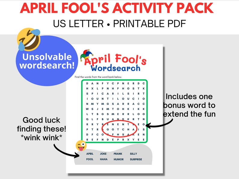 April Fool's Day Printable Activity Pack | Unsolvable Wordsearch | Fake ...
