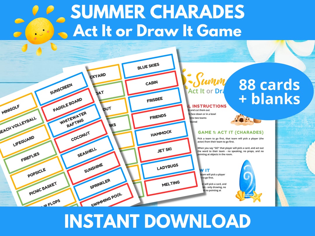Summer Charades act It or Draw It Printable Party Game Activity for ...
