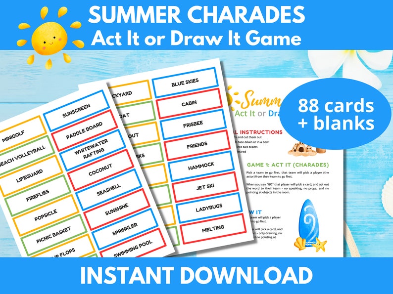 Summer Charades act It or Draw It Printable Party Game Activity for ...