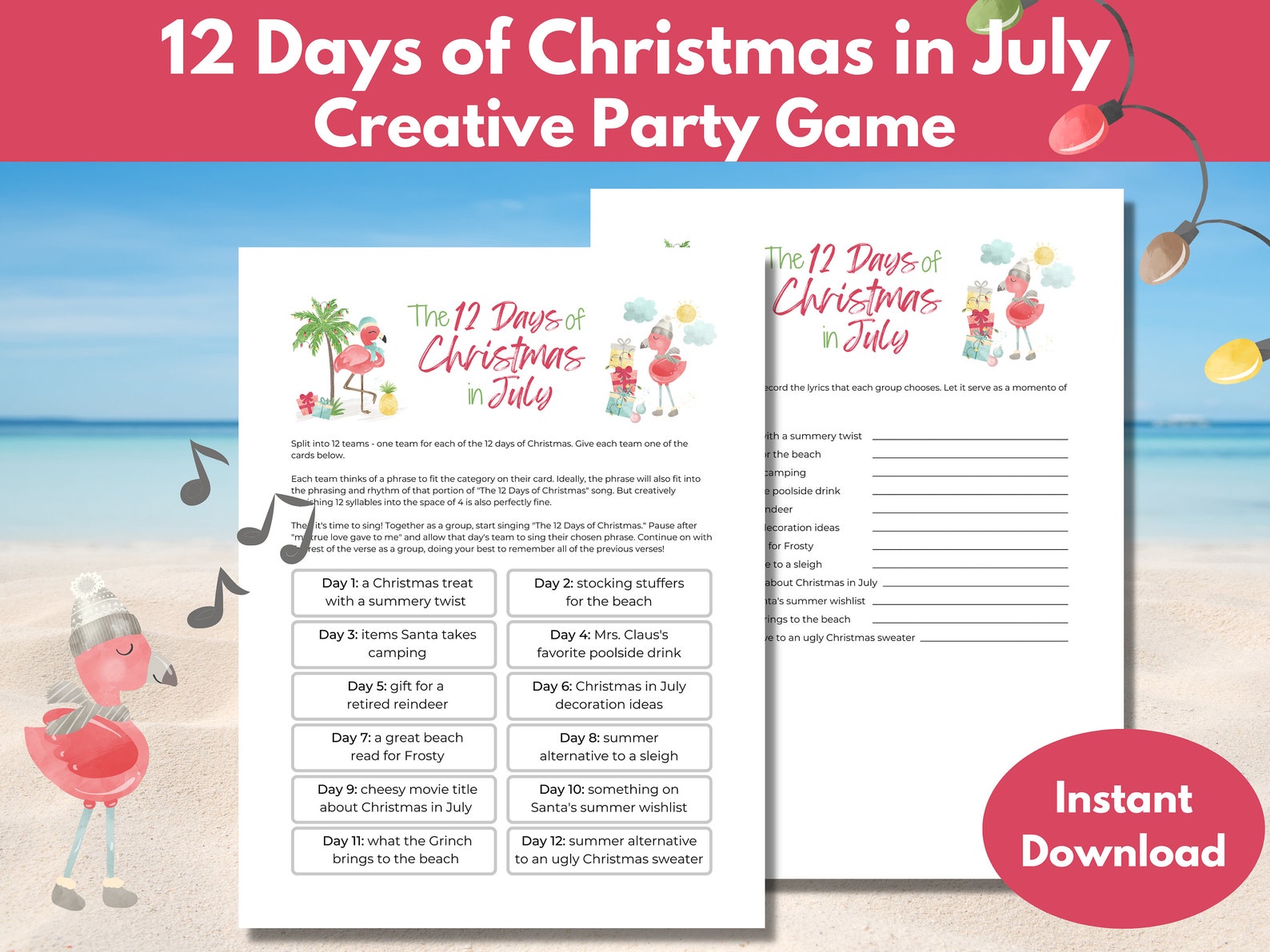 12 Days of Christmas in July Party Game Printable - Summer Party ...
