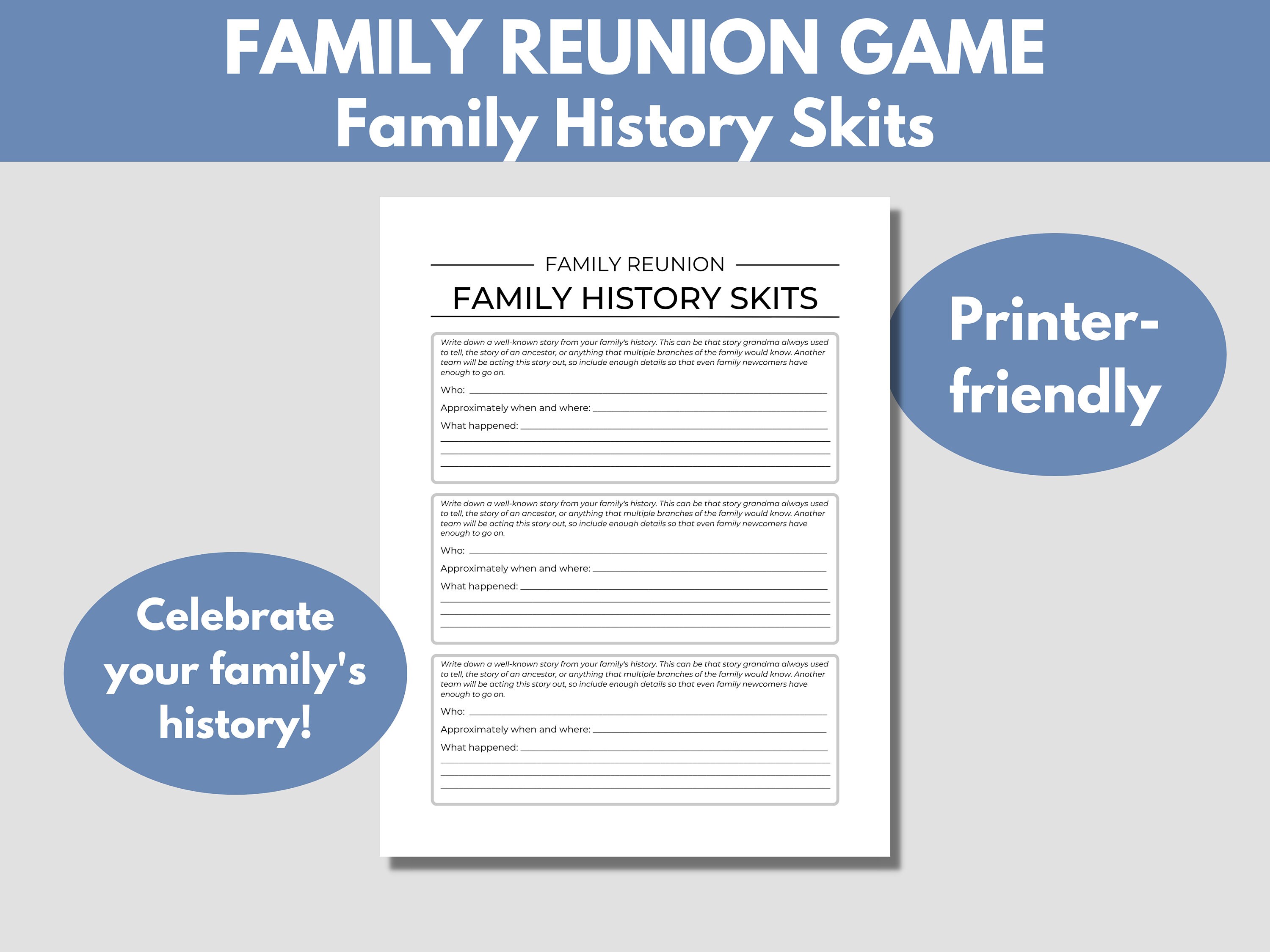 Family Reunion Game "family History Skits" Printable - Family Gathering ...