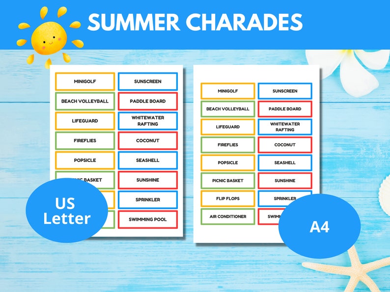 Summer Charades act It or Draw It Printable Party Game Activity for ...