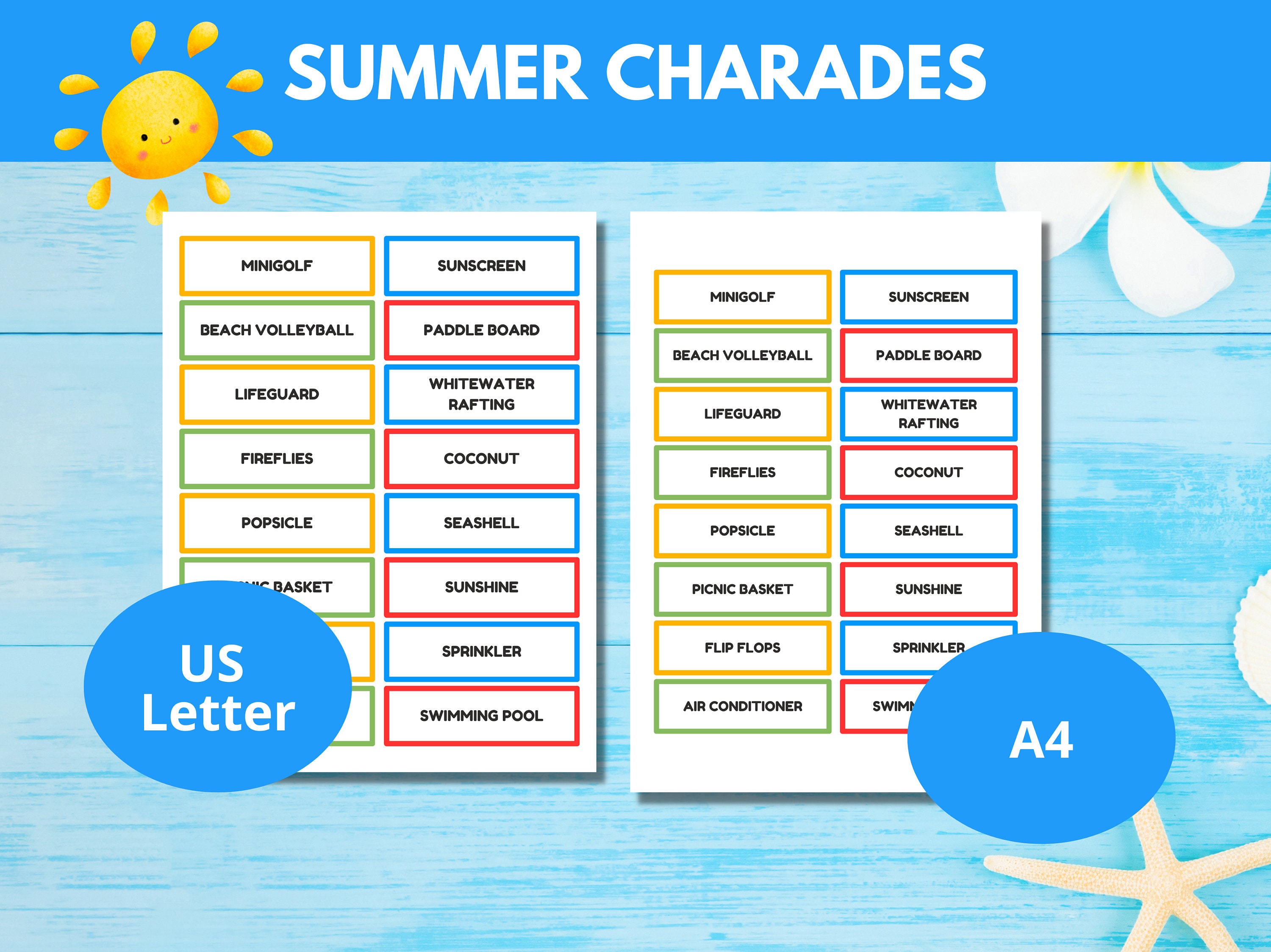 Summer Charades act It or Draw It Printable Party Game Activity for ...