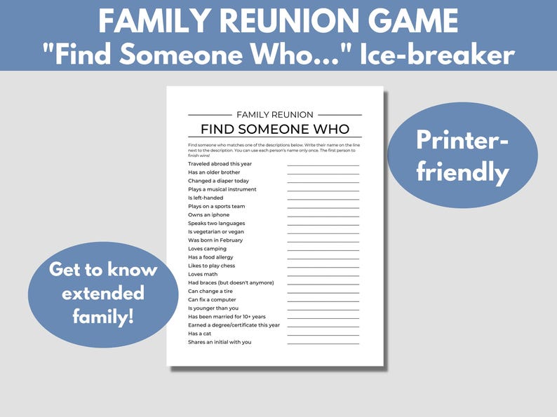 Family Reunion Ice-breaker "find Someone Who" Printable - Family ...