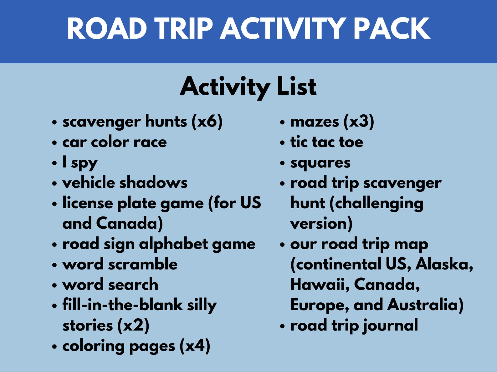 Road Trip Activity Pack - Printable Travel Game Bundle for Kids ...
