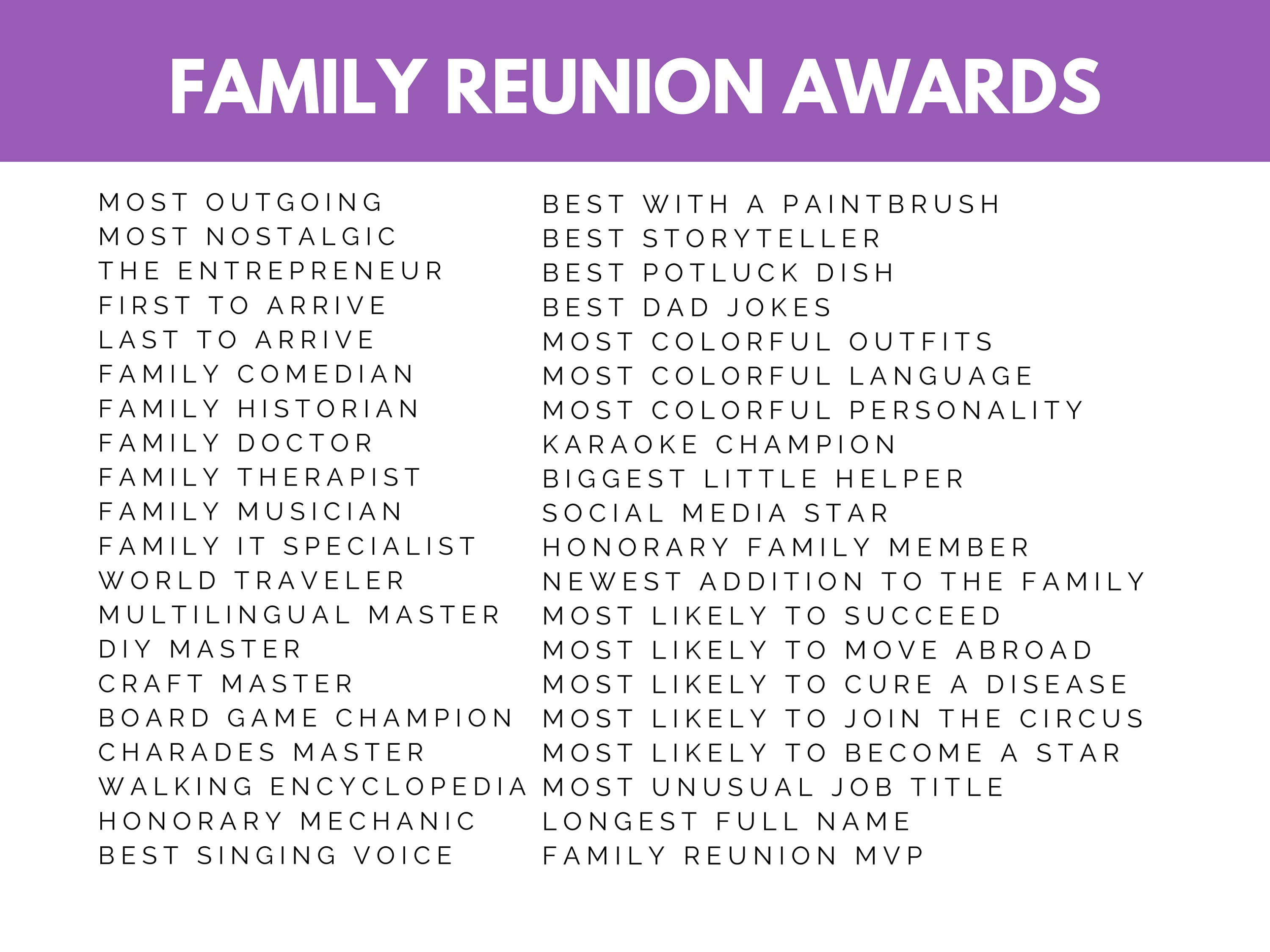 Family Reunion Awards - 80 Printable Reunion Award Certificates in ...