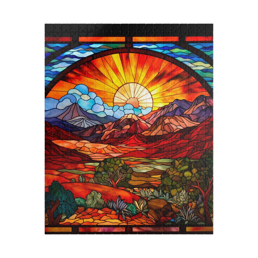 Stained Glass Desert Sunset Puzzle T Stained Glass Jigsaw Puzzle Desert Landscape Nature