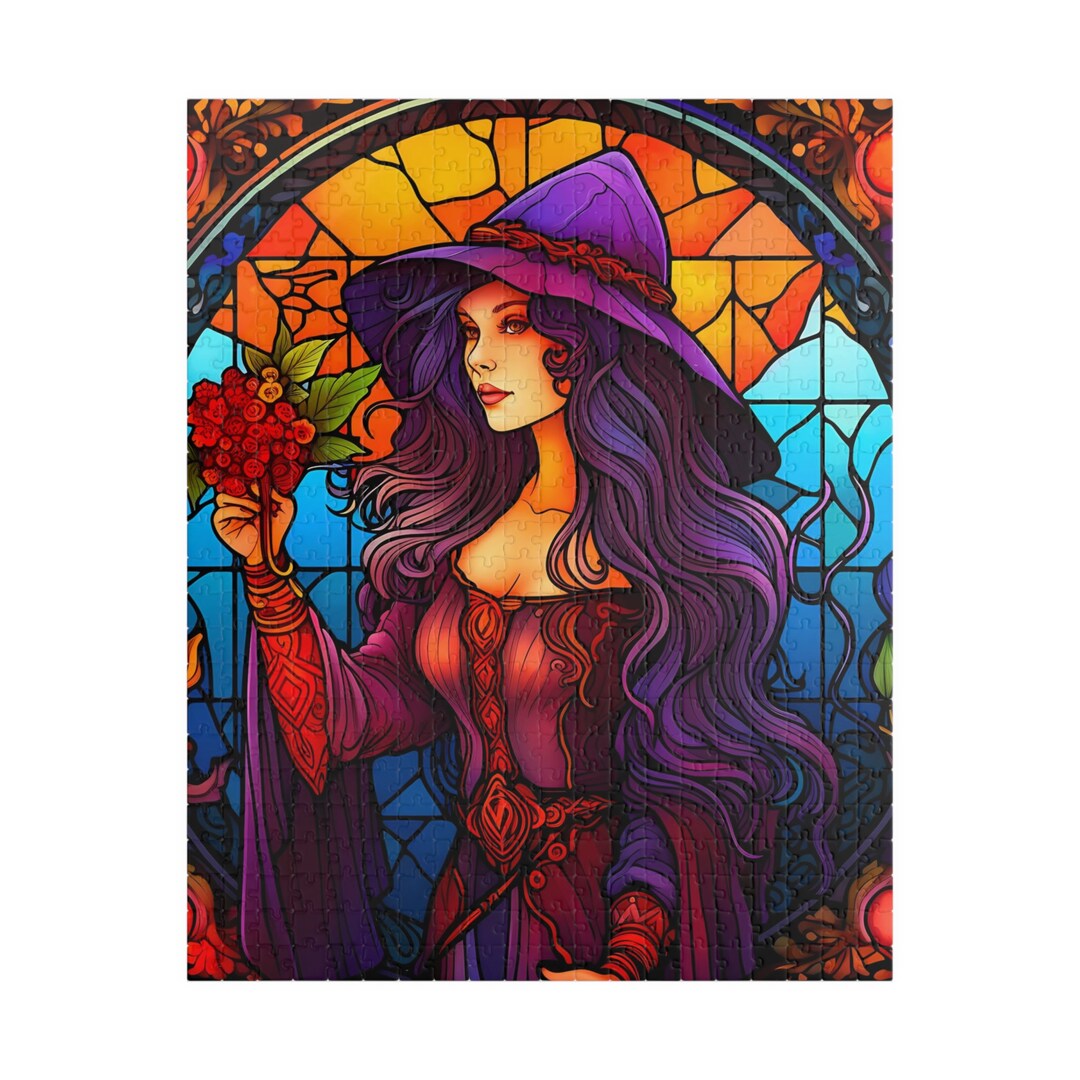 Gothic Stained Glass Witch Jigsaw Puzzle, Gifts, Halloween Witch ...