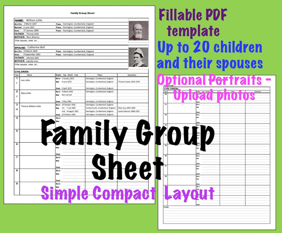 Family Group Sheet Template up to 20 Children - Etsy