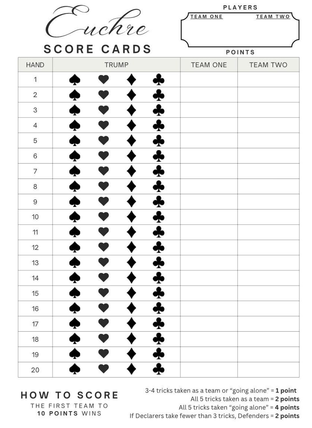 Euchre Scoring Card - Digital Download for Print - Etsy