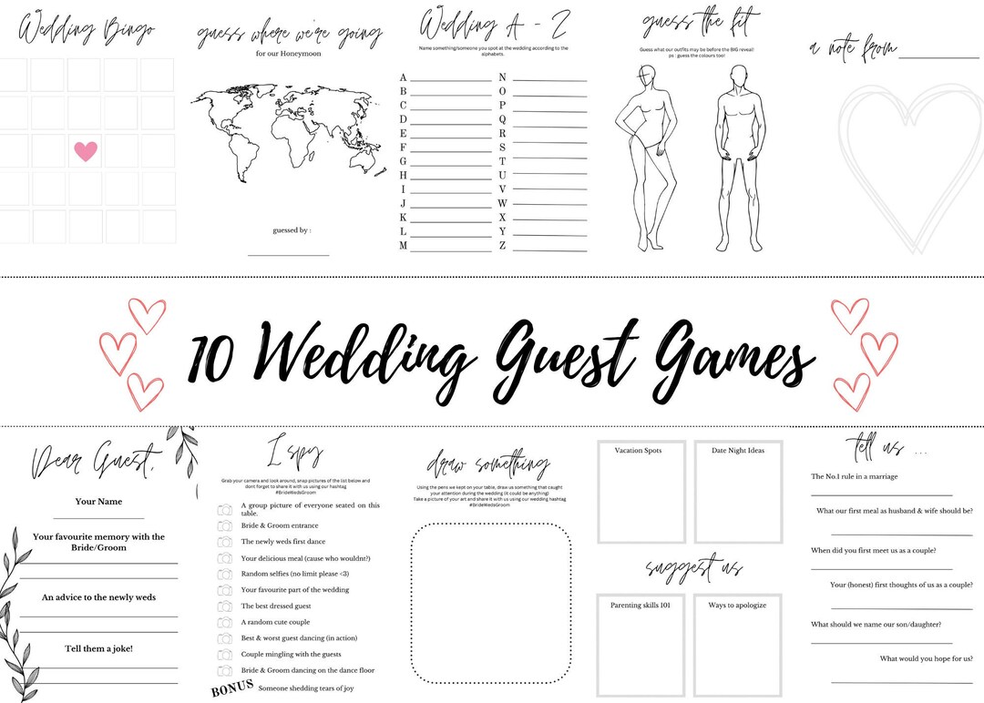 10 Minimalist Wedding Games Bundle, Guest Table Activities (printable ...