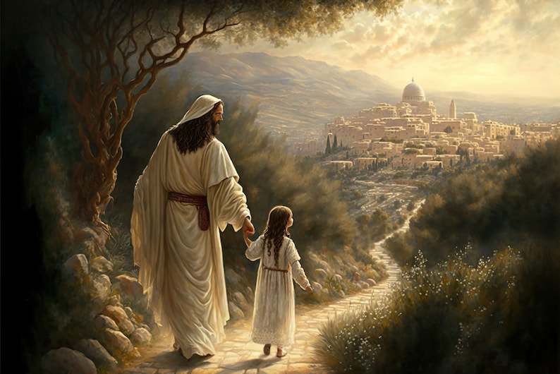 Jesus Walking With Little Girl Digital, Child, Christian Artwork ...