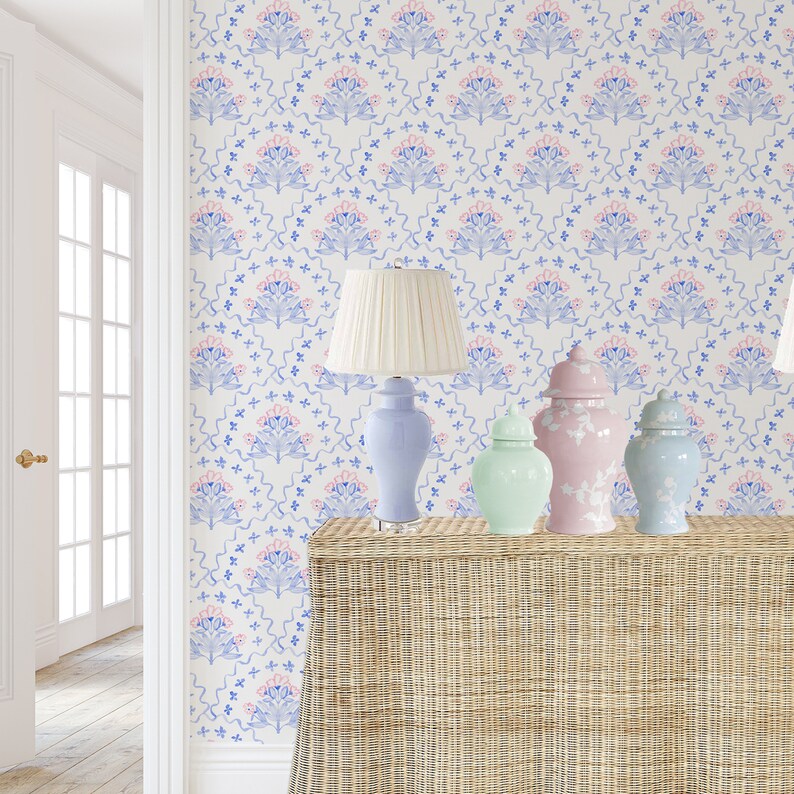 Watercolor Block Print Wallpaper Grandmillennial Wallpaper - Etsy