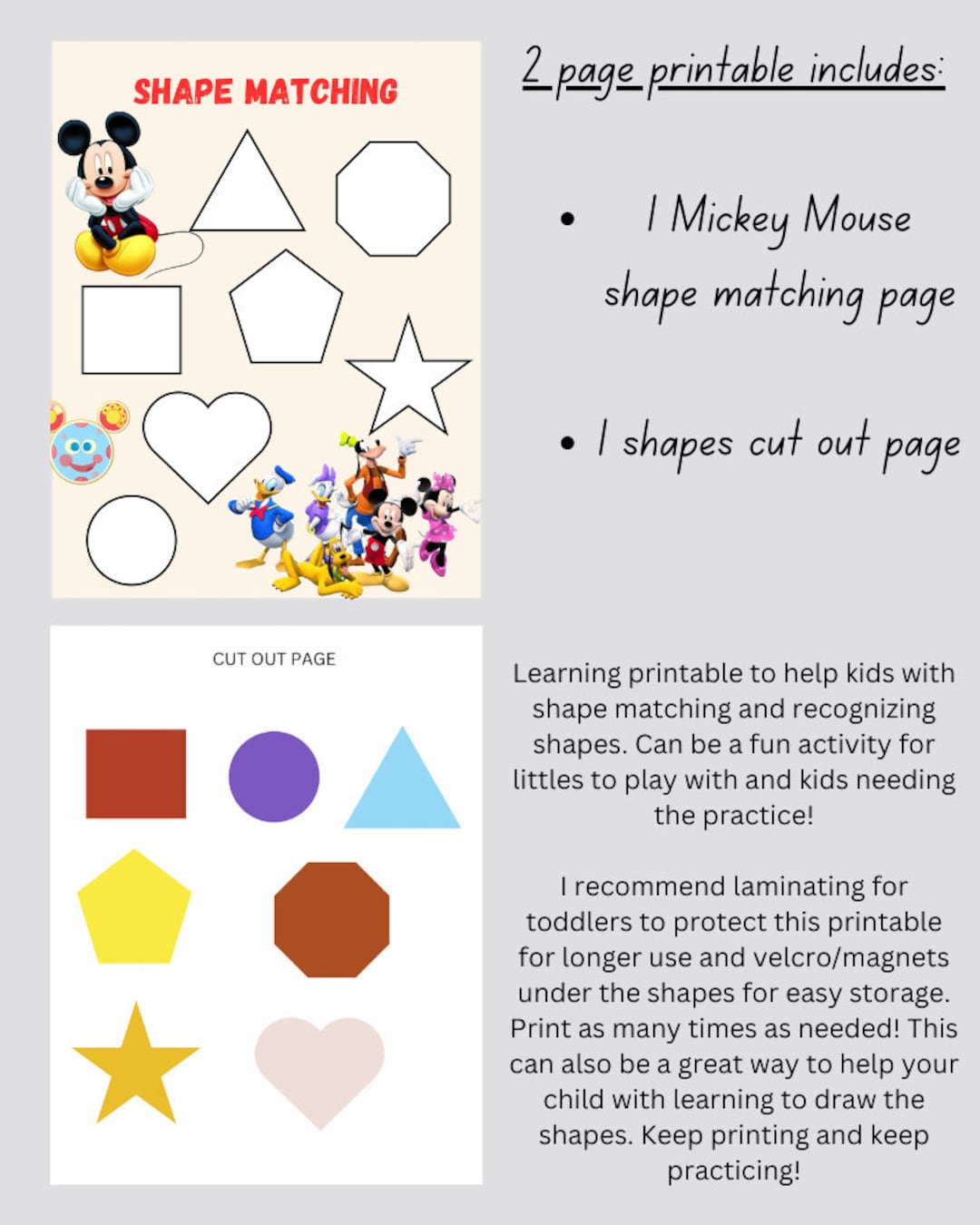 Mickey Mouse Shape Matching Printable, Match the Shapes, Toddler & Kid ...