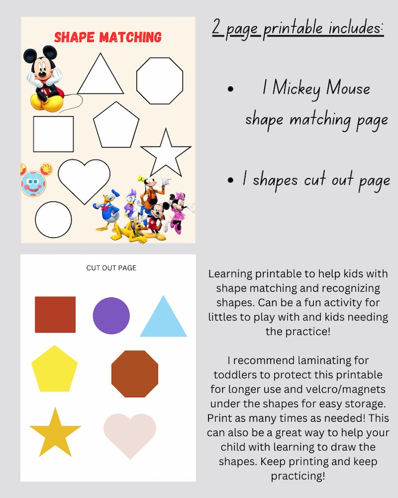 Mickey Mouse Shape Matching Printable, Match the Shapes, Toddler & Kid ...