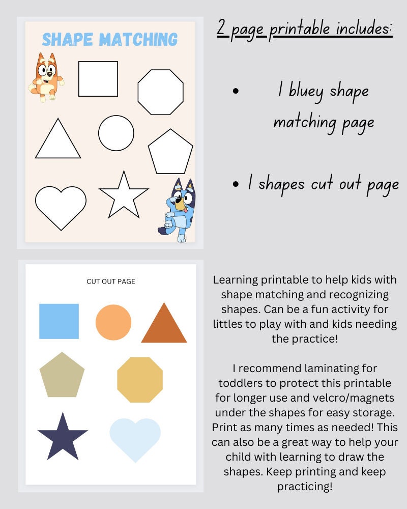 Bluey Shape Matching Printable, Match the Shapes, Toddler & Kid ...