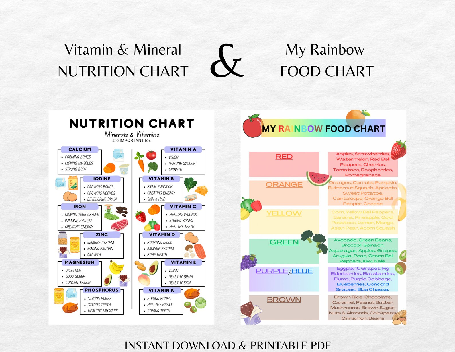 Kids Rainbow Food Chart & Nutrition Vitamins and Minerals Chart Bundle ...