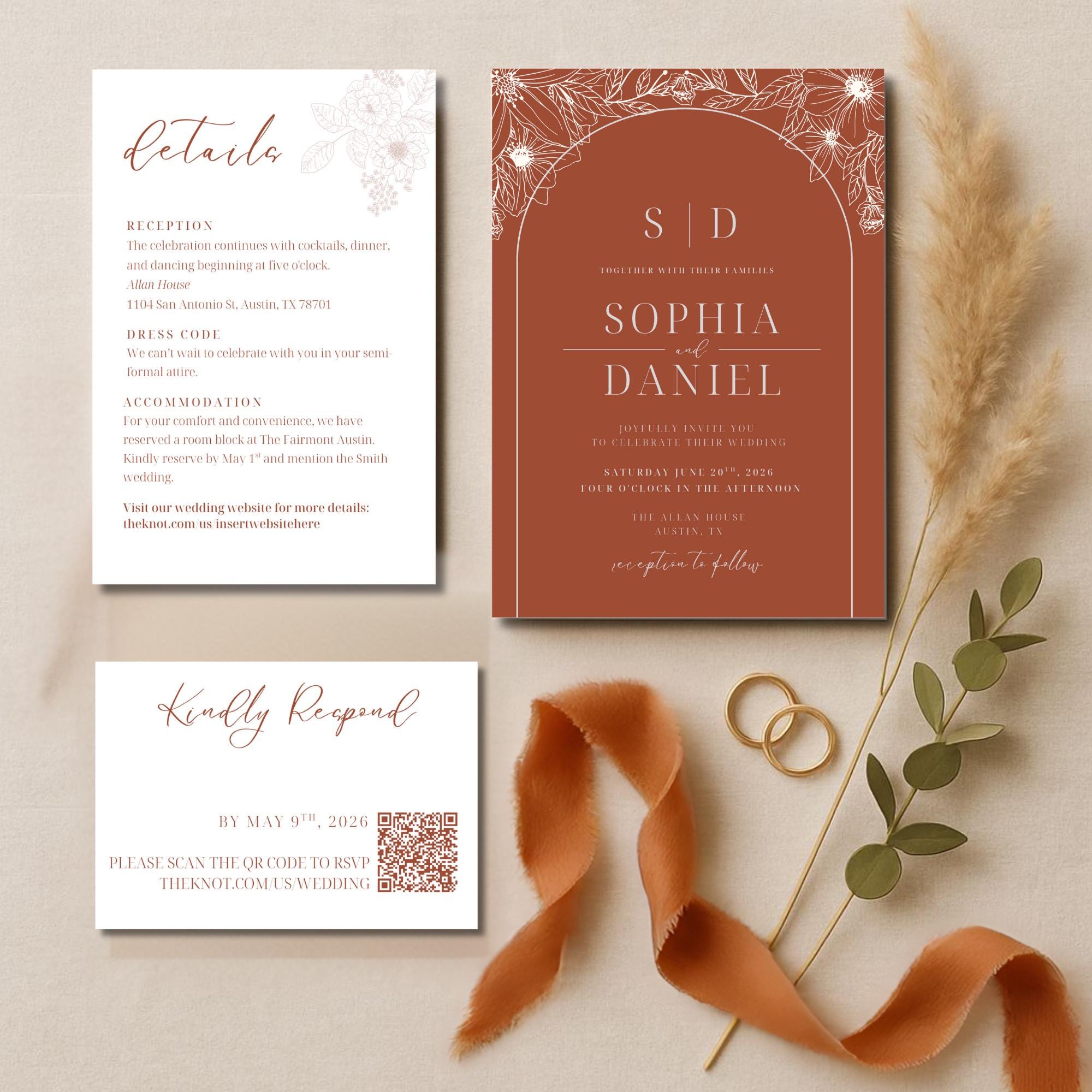 Terracotta Floral Wedding Invitation Suite | Editable Invite, RSVP ...