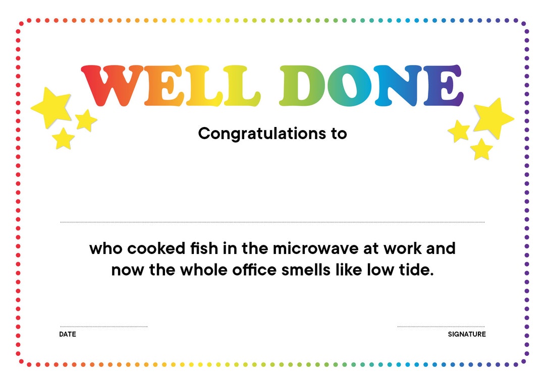 Well Done Who Cooked Fish in the Microwave at Work Printable, Editable ...