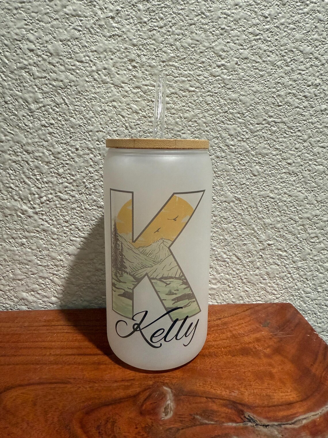 Custom Glass Cup With Bamboo Lid (customize Letter and Name) Vintage ...